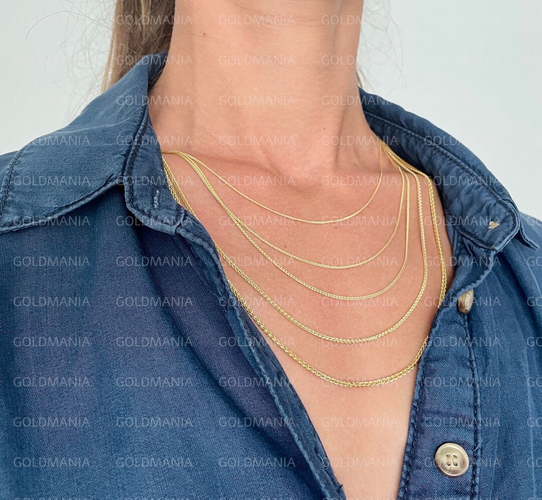 14K Solid Yellow Gold Wheat Chain Necklace, 16-30", 0.6mm to 2.1mm ...