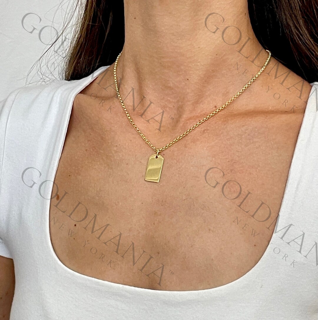 14K Yellow Gold Dog Tag Rolo Chain Necklace, 16" 18" 20" 22" 24" 30 ...