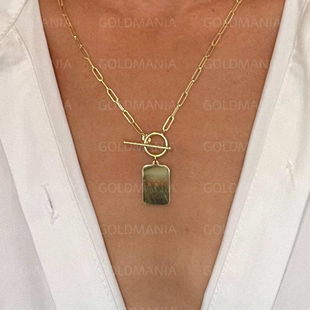 14K Yellow Gold Paperclip Tag Necklace With Toggle Lock, 18 Inch, Real ...