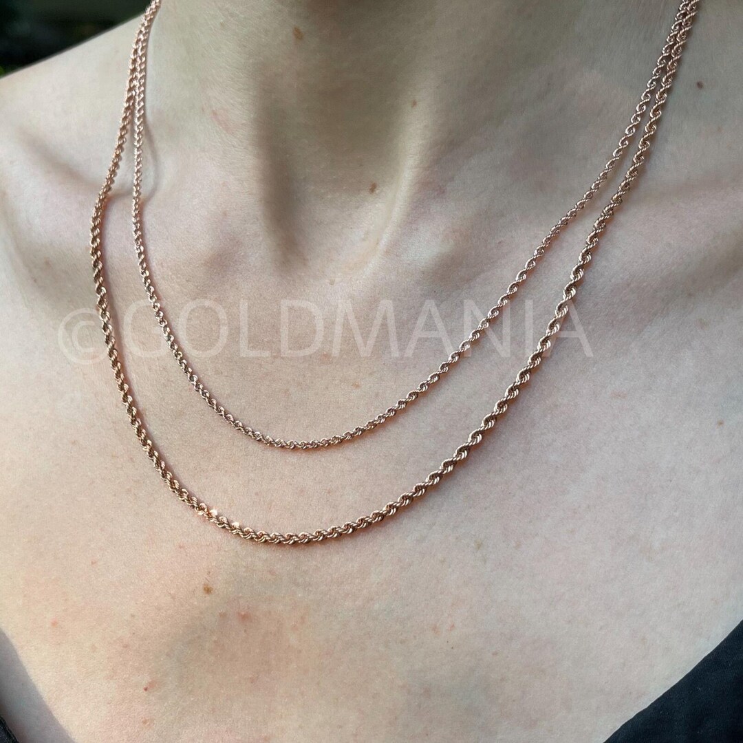 14K Solid Rose Gold Rope Chain Necklace, 16" 18" 20" 22" 24" Inch, 1.5 ...