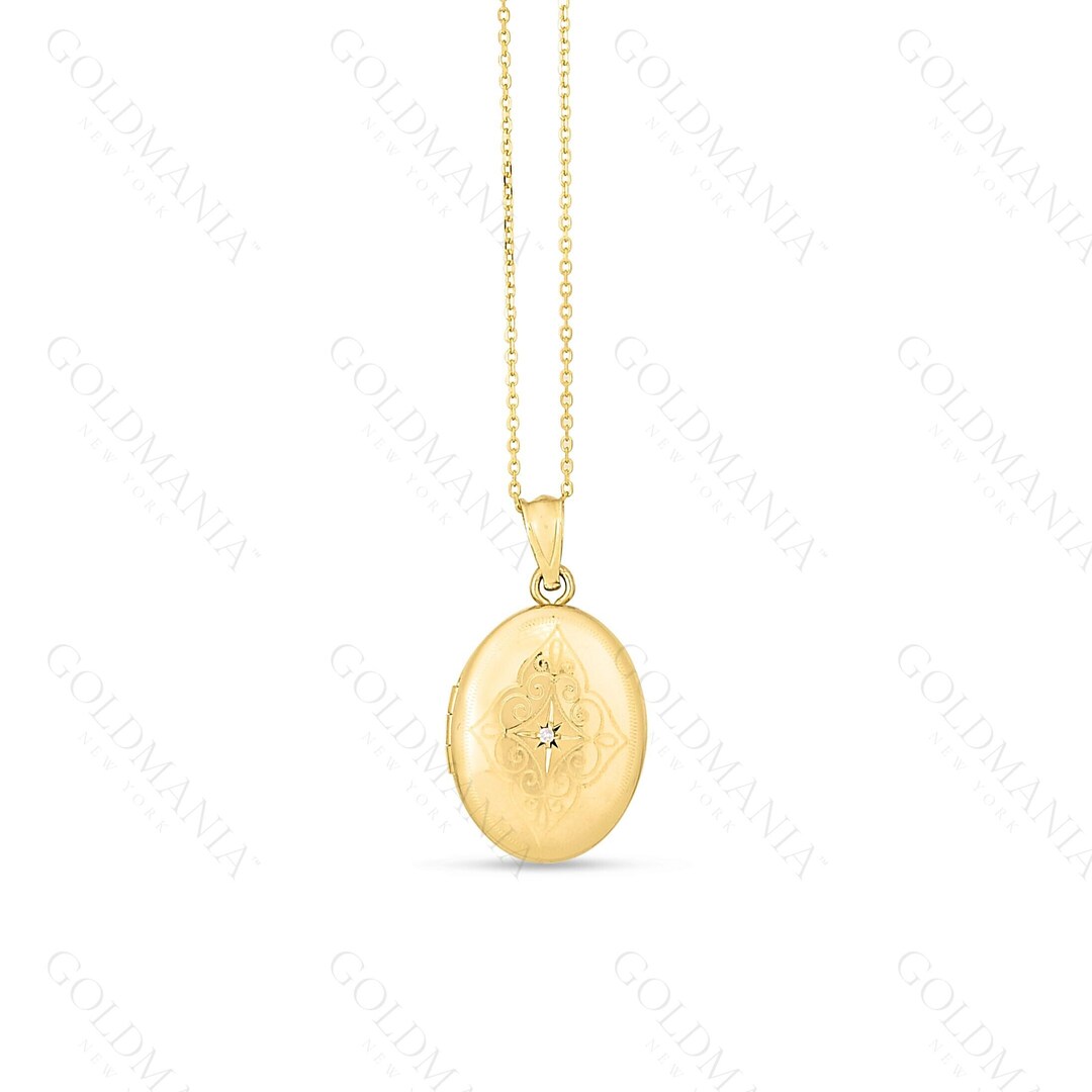 14K Gold and Diamond Etched Oval Locket Necklace, 18" Inch, Real Gold ...