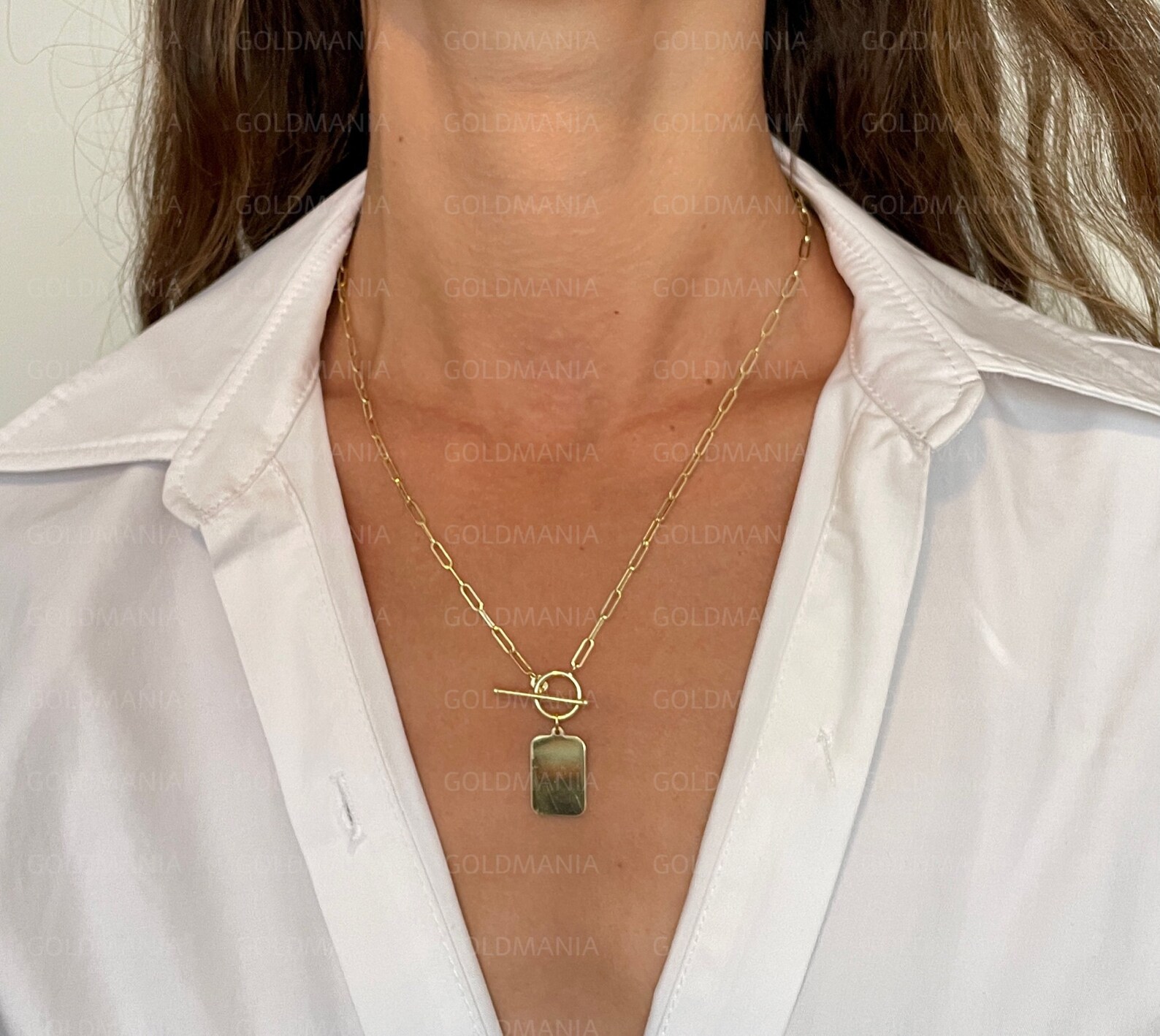 14K Yellow Gold Paperclip Tag Necklace With Toggle Lock - Etsy