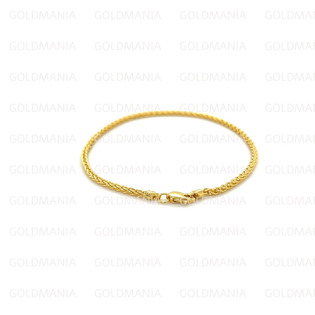 14K Solid Yellow Gold Wheat Chain Bracelet, 7 Inch, 2.10mm Thick, Real ...