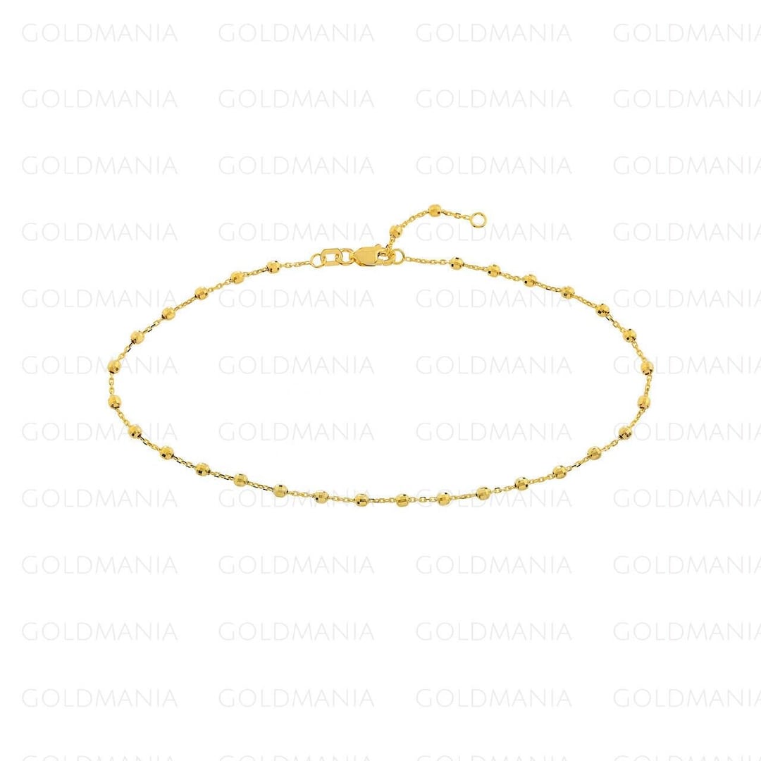 14K Solid Gold Bead Station Anklet, 10
