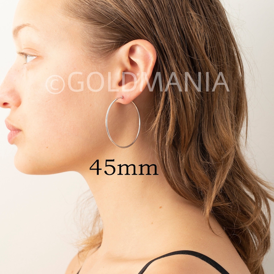 14K White Gold Hoop Earring Set, 1.5mm Thick, 25mm 30mm 40mm 45mm, Real ...