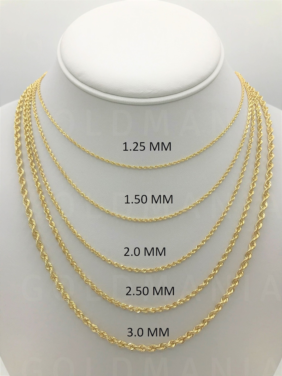 Solid 14K Yellow Gold Rope Chain Necklace, 16-30", 1.25mm to 3mm Thick ...