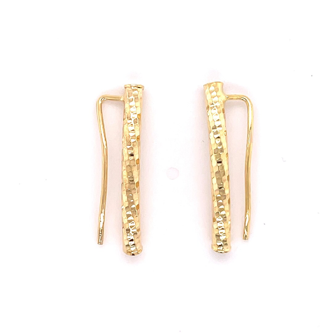 14K Gold Textured Bar Ear Climbers: Curved Crawler Earrings (25 X 2mm ...