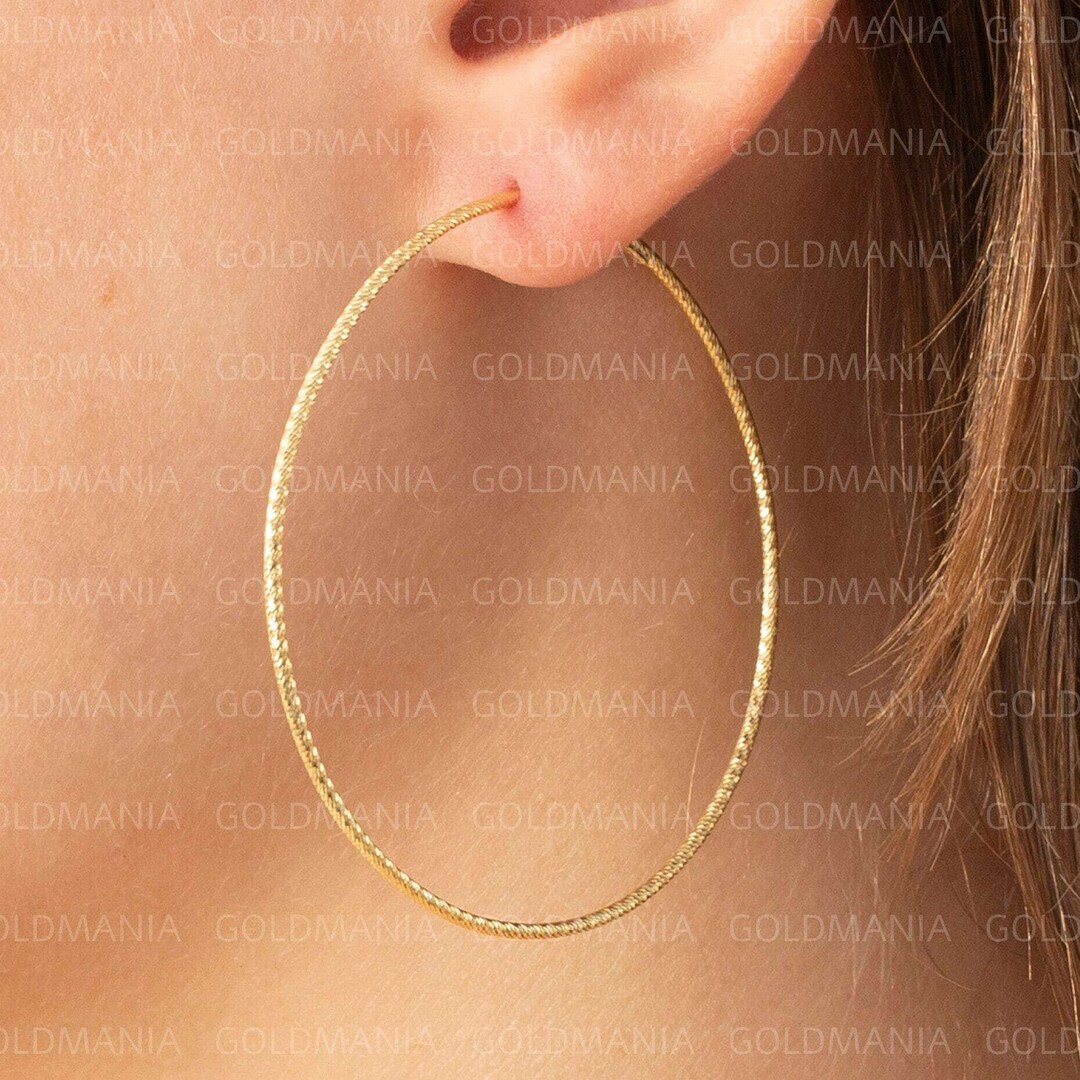 14K Yellow Gold 50 Mm Textured Hoop Earring Set, Real Gold Hoops ...