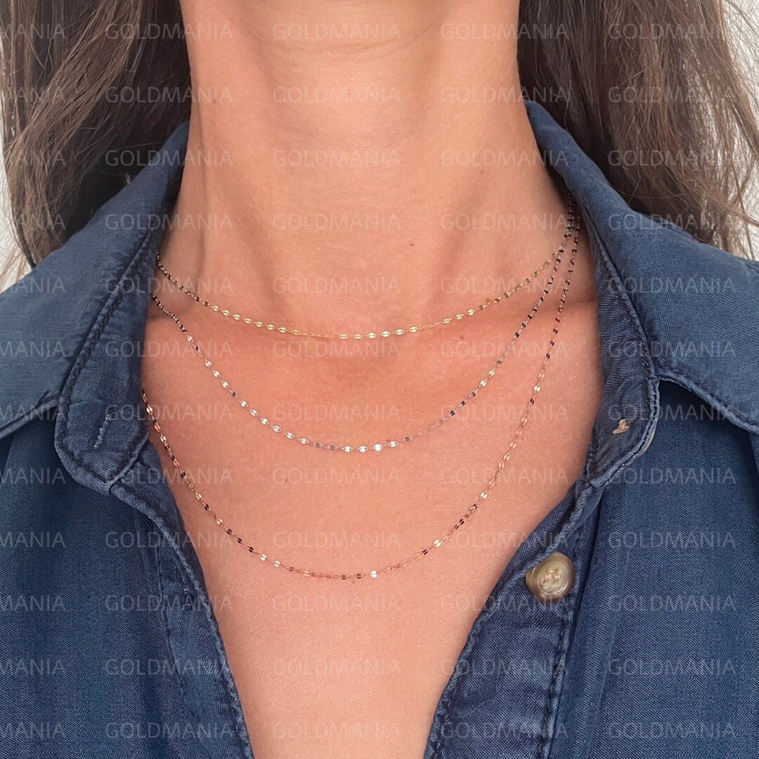 14K Gold Thin Mirror Link Chain Necklace Women, 16" 18" 24", 1.4mm ...