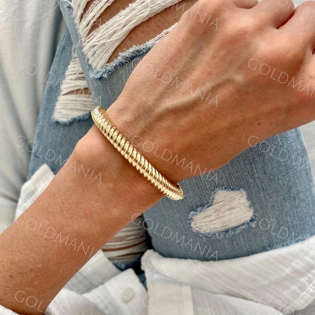 Bangle Bracelet, 14K Gold Bangle, Twist Bangle, Chunky Bangle, 7mm Thick Bangle, 7" Inch, Real ...