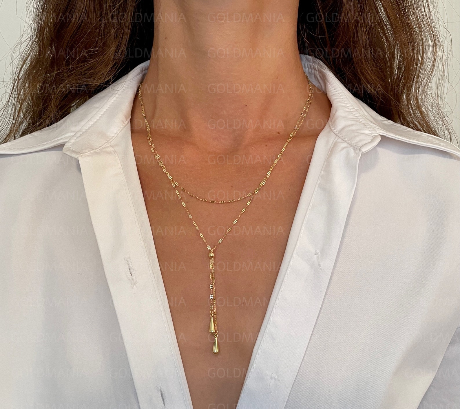 14K Yellow Gold Layered Chain Necklace, Double Strand Necklace, Lariat ...