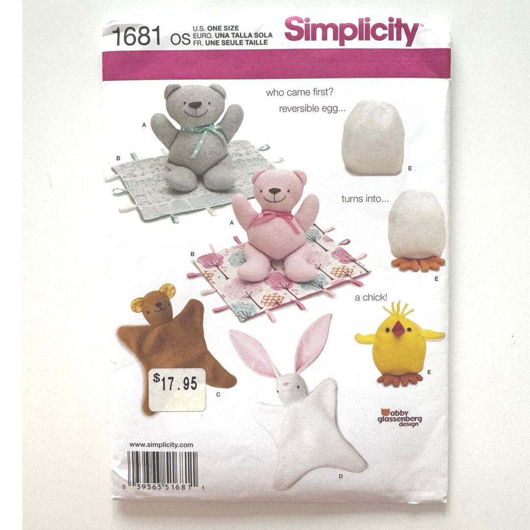 Simplicity Sewing Pattern 1681 Plush Bear Chick Toy Bear Bunny Blankets ...