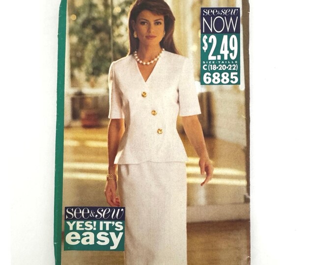 See & Sew Sewing Pattern 6885 Misses’ Suit Short Sleeve Top Skirt 18-22 ...