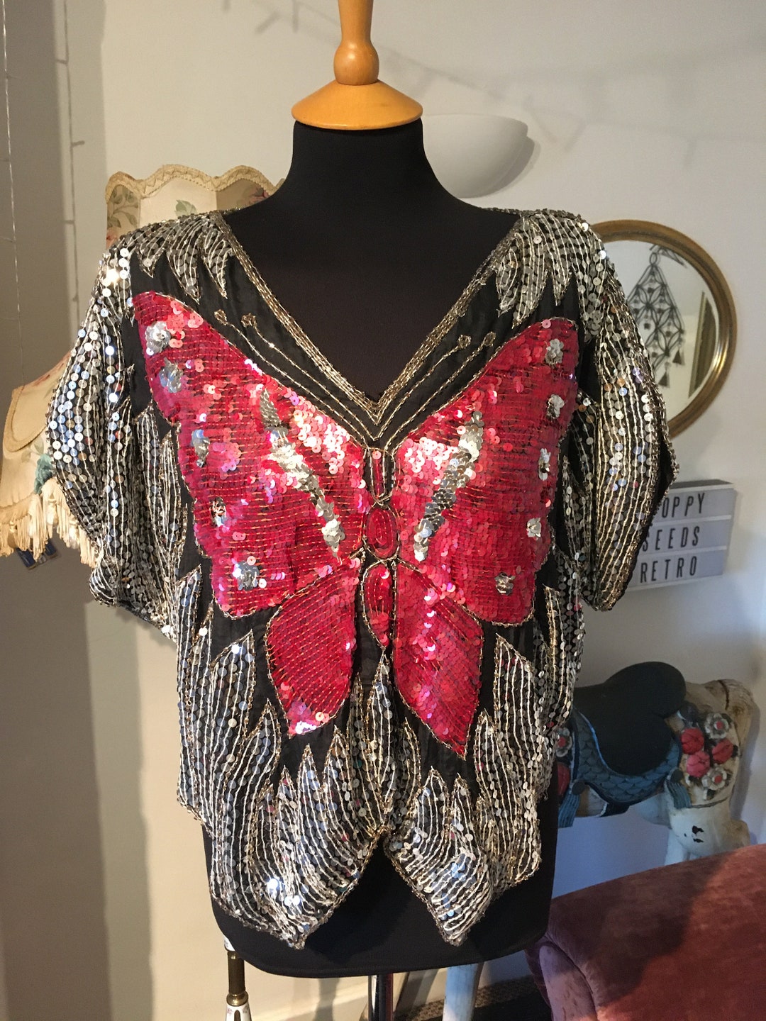 Amazing Vintage Sequinned Butterfly Batwing Top Size UK 10 Indie Boho ...
