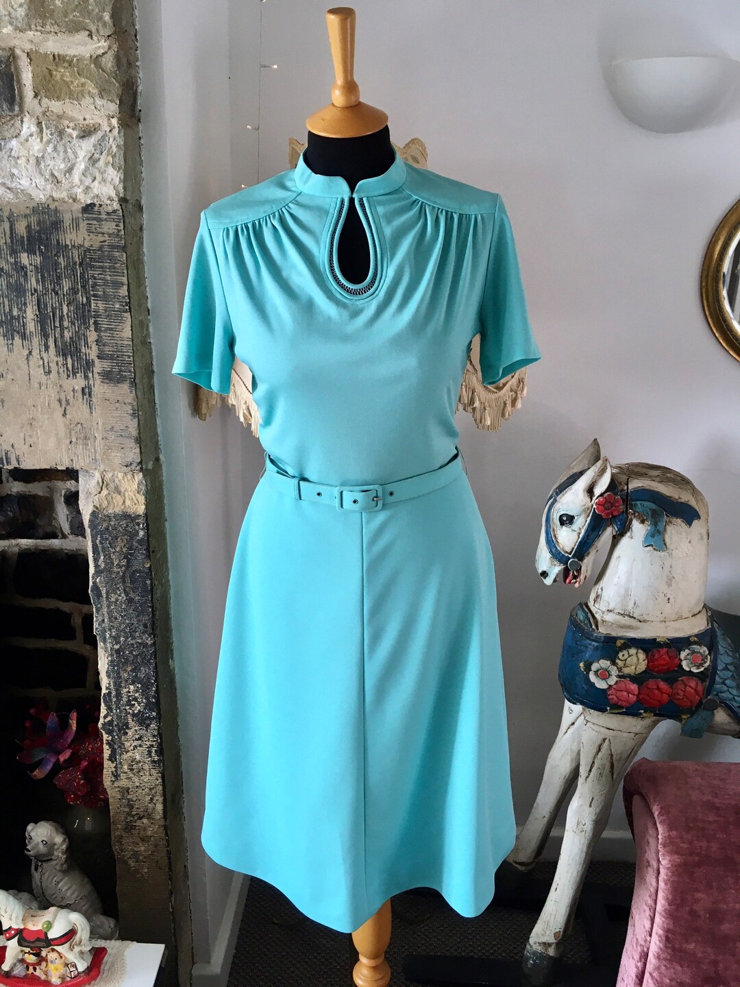 Vintage 70s Baby Blue Preppy Dress Size UK 10 Indie Pin up Rockabilly ...