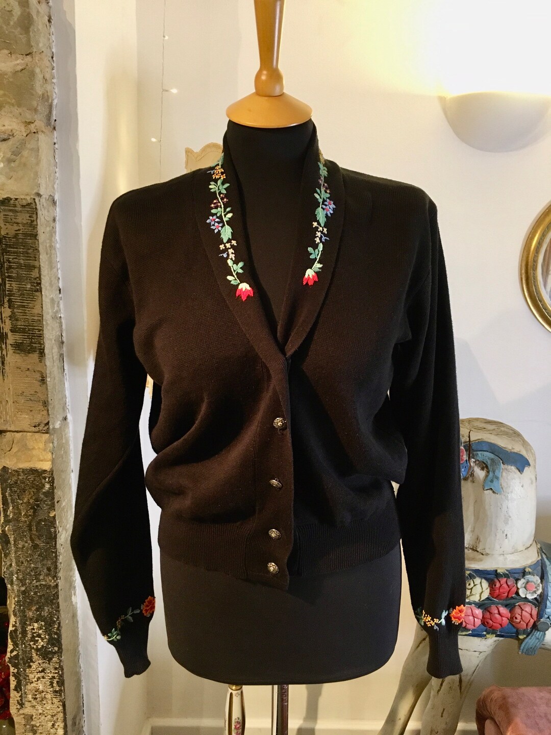 Vintage Black Embroidered Cardigan Size UK 10-12 Indie Boho Hippie Pin ...