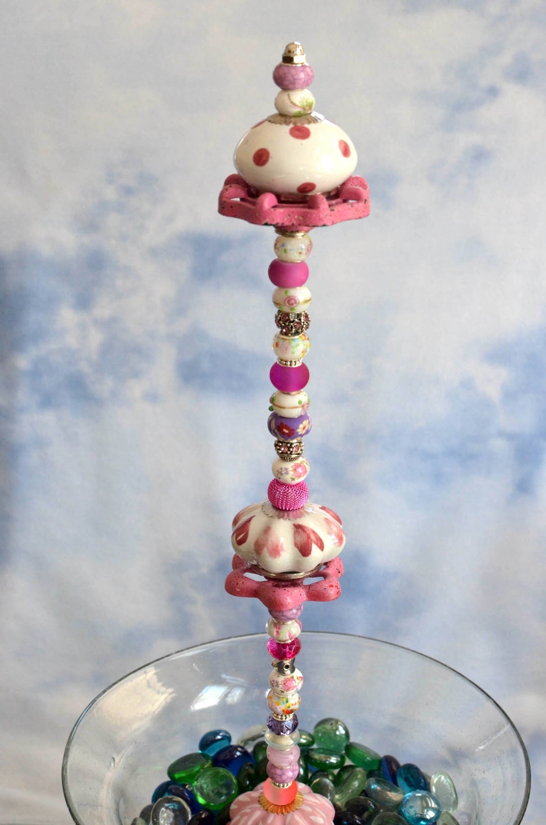 18” Unique Whimsical Beaded Garden Wands With Colorful Knobs & Hose ...