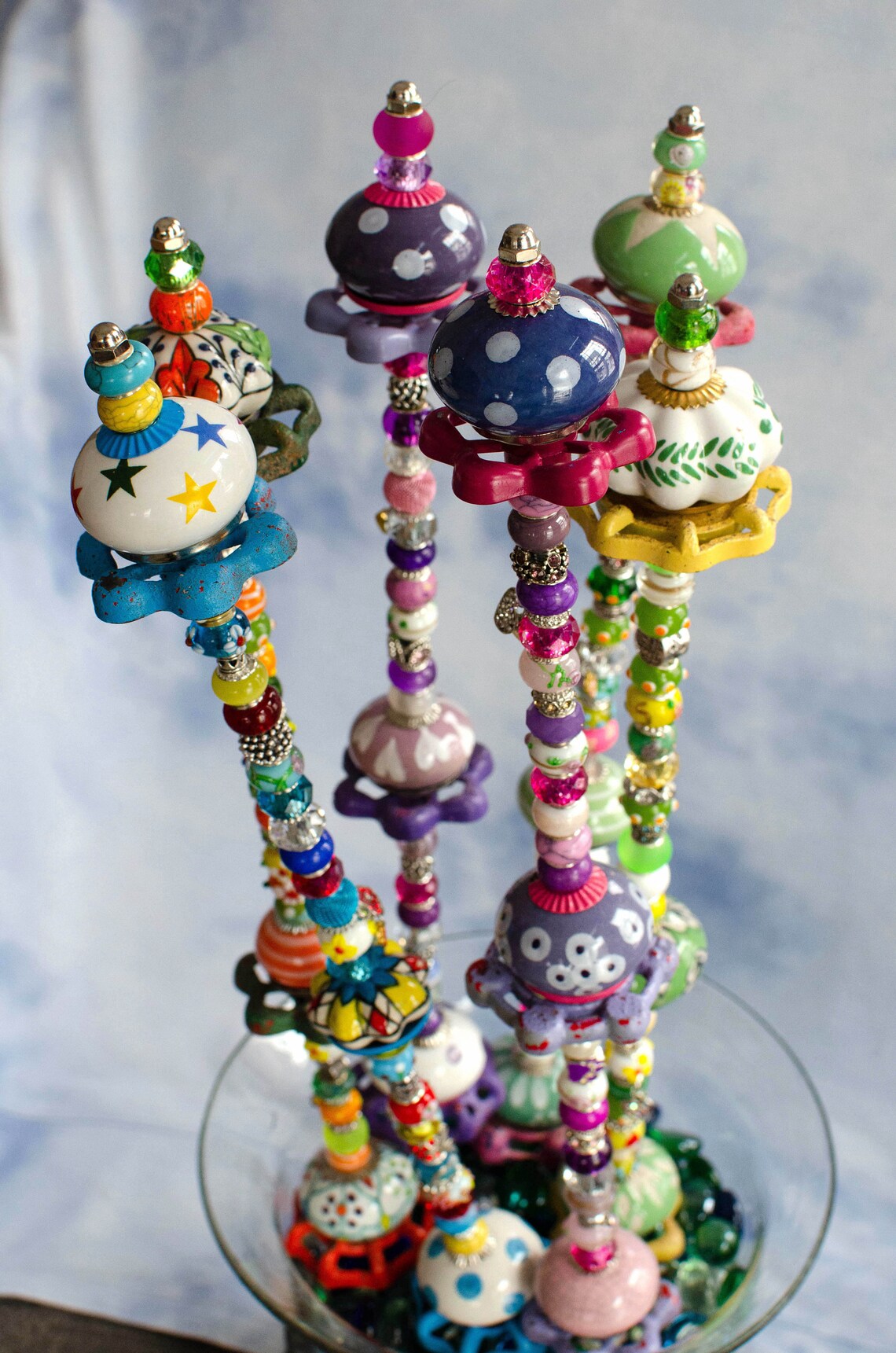 18” Unique Whimsical Beaded Garden Wands With Colorful Knobs & Hose ...