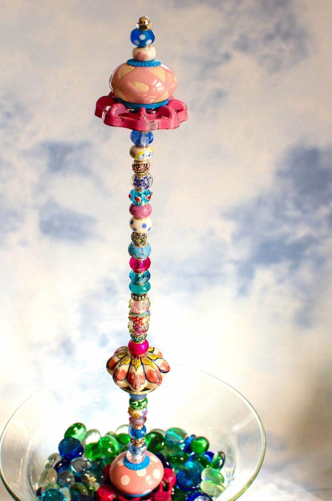 18” Unique Whimsical Beaded Garden Wands With Colorful Knobs & Hose ...