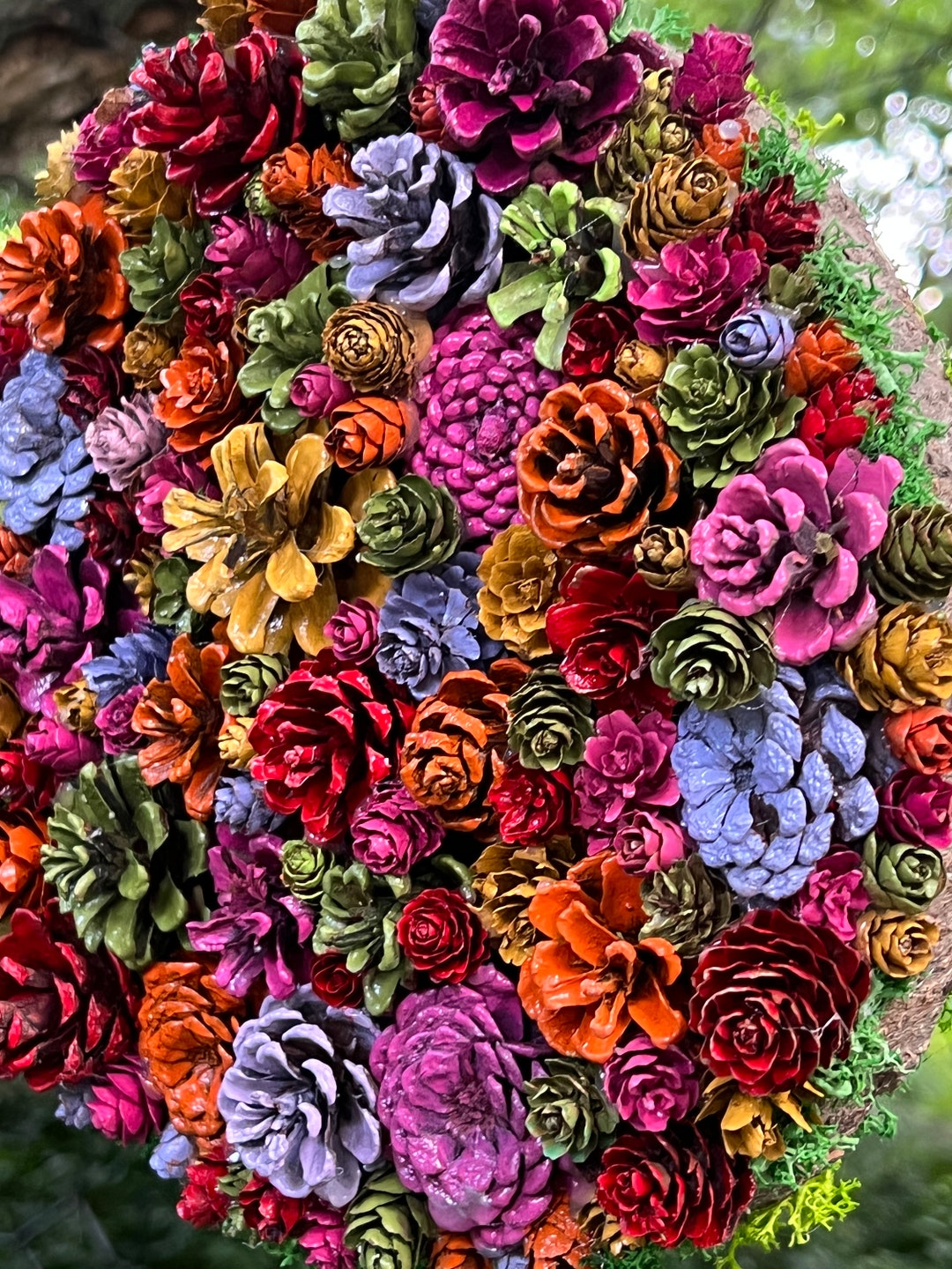 Fairy Door Pine Cone Wall Hanging, Colorful Pine Cone Flowers, Magical ...