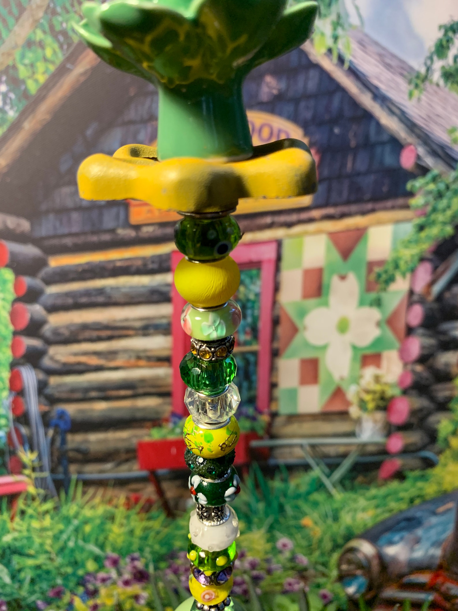 Unique Whimsical Beaded Wand With 18" Green Flower Top / Colorful Knobs ...