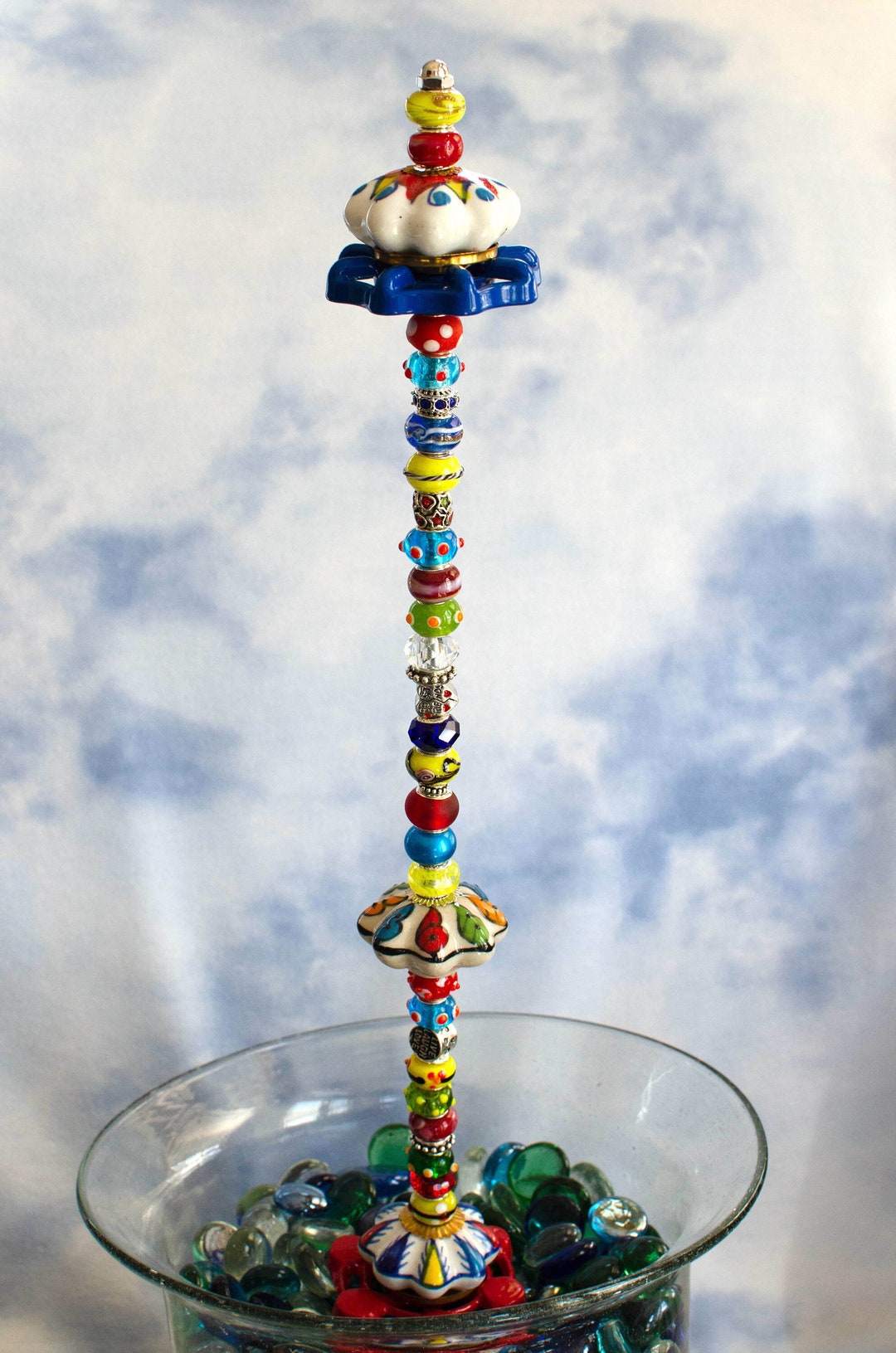 18” Unique Whimsical Beaded Garden Wands With Colorful Knobs & Hose ...