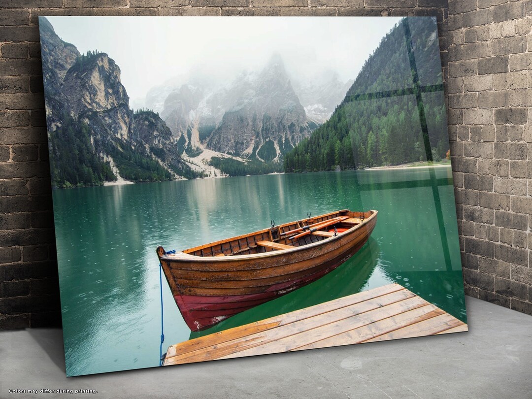 Boat Glass Wall Art, Lake Landscape Wall Art, Mountain Landscape Art ...