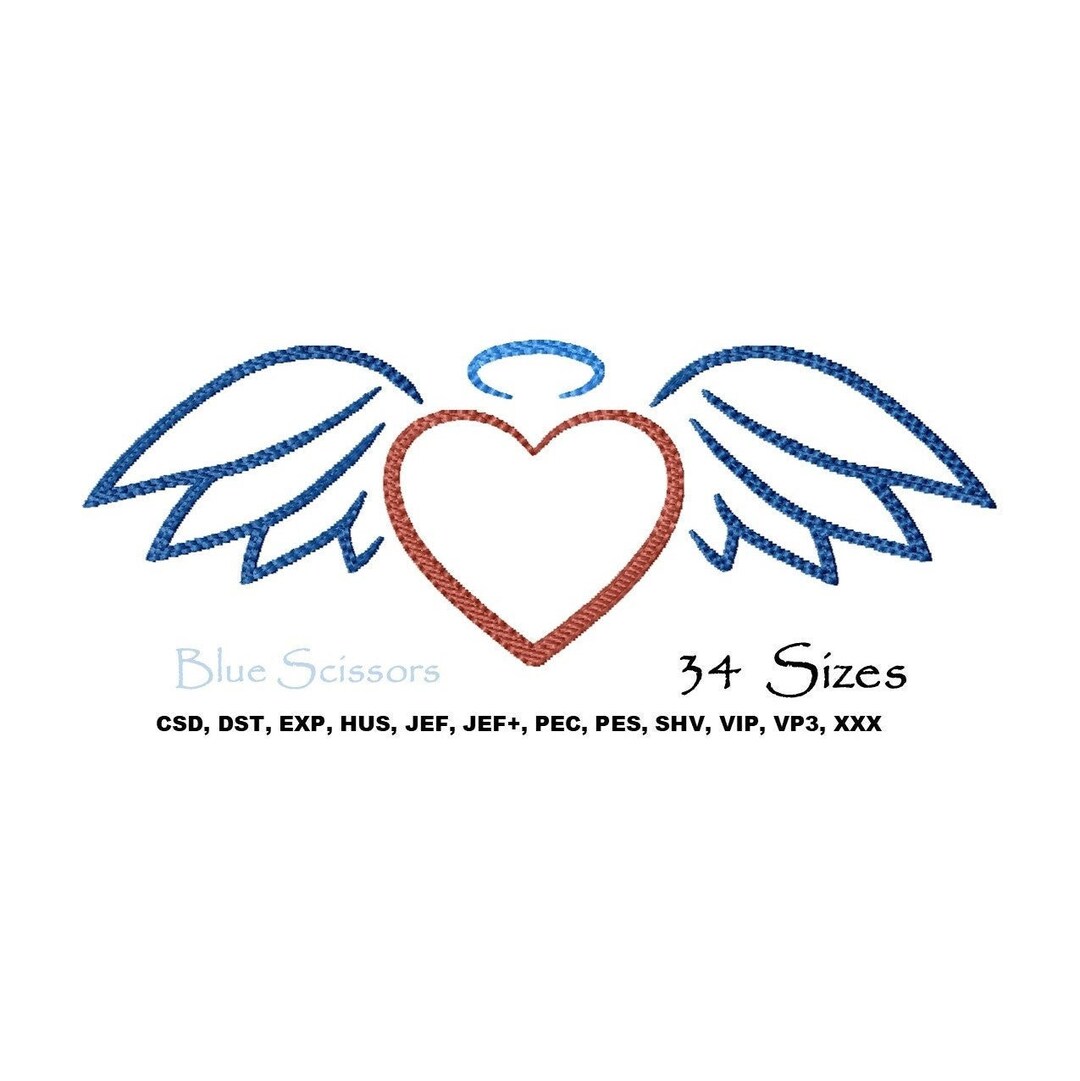 Angel Winged Heart Embroidery Design, Heart Embroidery Design, Angel ...