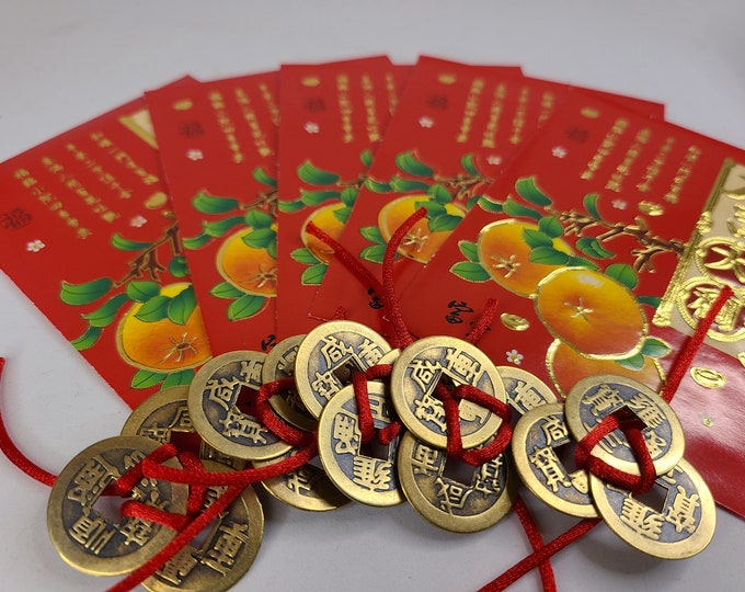 Set of 5 Feng Shui 3-coins + Red Envelopes | Activate Income | Feng ...