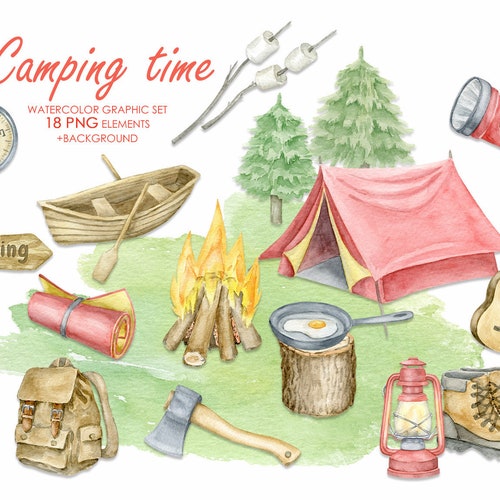Watercolor Camping Clip Art. Hiking in the Forest With a Tent. | Etsy