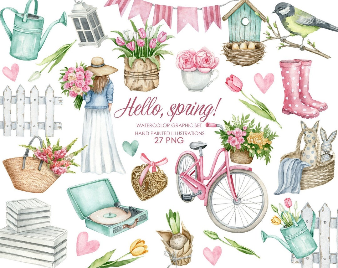 Watercolor Spring Clipart. Garden Clipart. Bicycle With Flowers Clipart ...