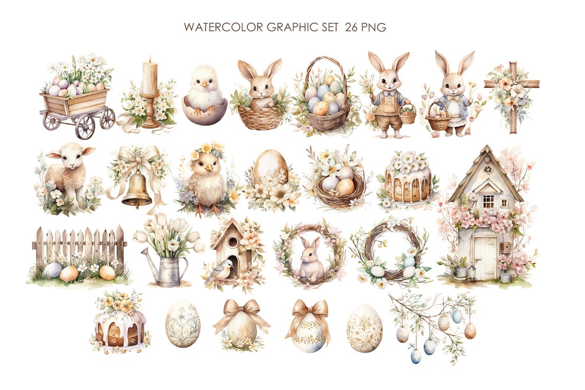 Watercolor Easter Clipart. Country Easter Clipart. Easter Basket ...