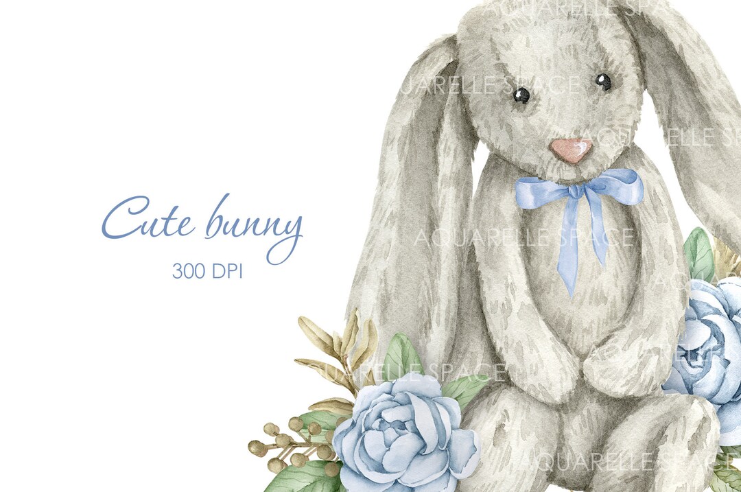 Watercolor Cute Bunny Clipart. Blue Rabbit Nursery Clipart. Nursery ...