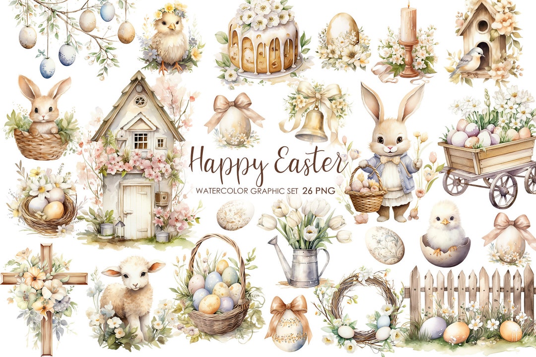 Watercolor Easter Clipart. Country Easter Clipart. Easter Basket ...
