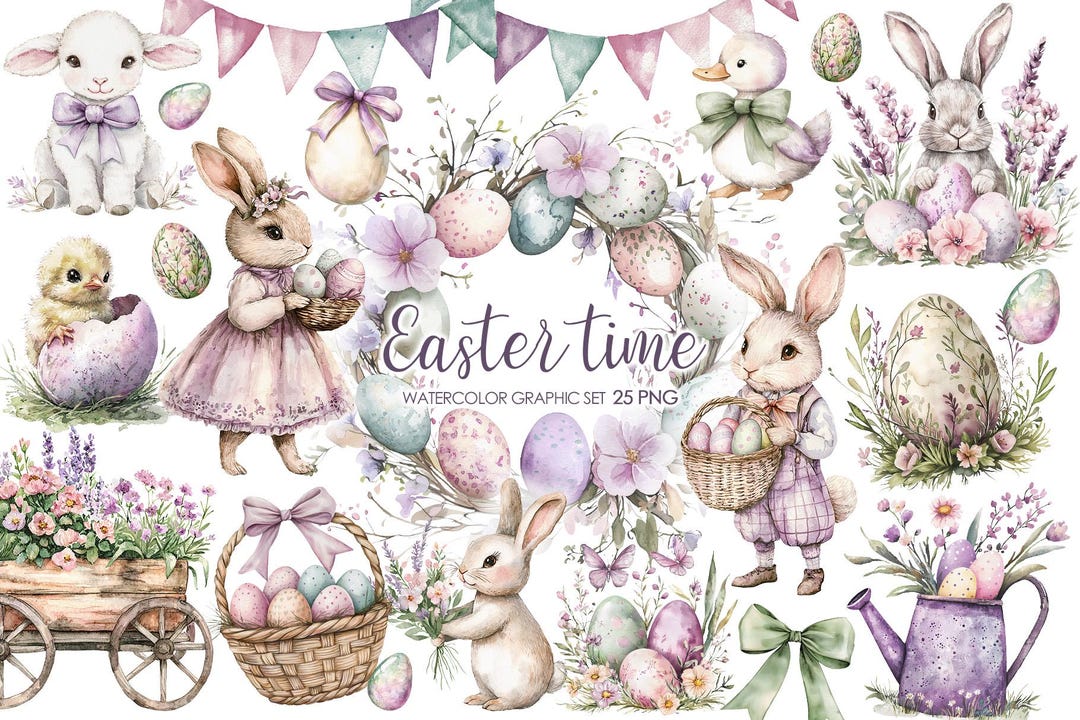 Watercolor Easter Bunny Clipart. Country Easter Clipart. Easter Basket ...