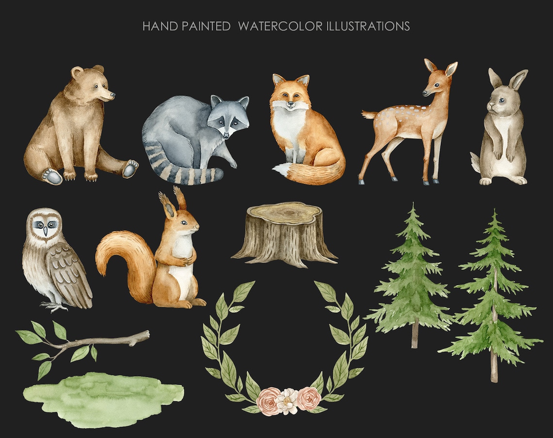 Watercolor Woodland Animals Clipart. Forest Clipart. Nursery - Etsy