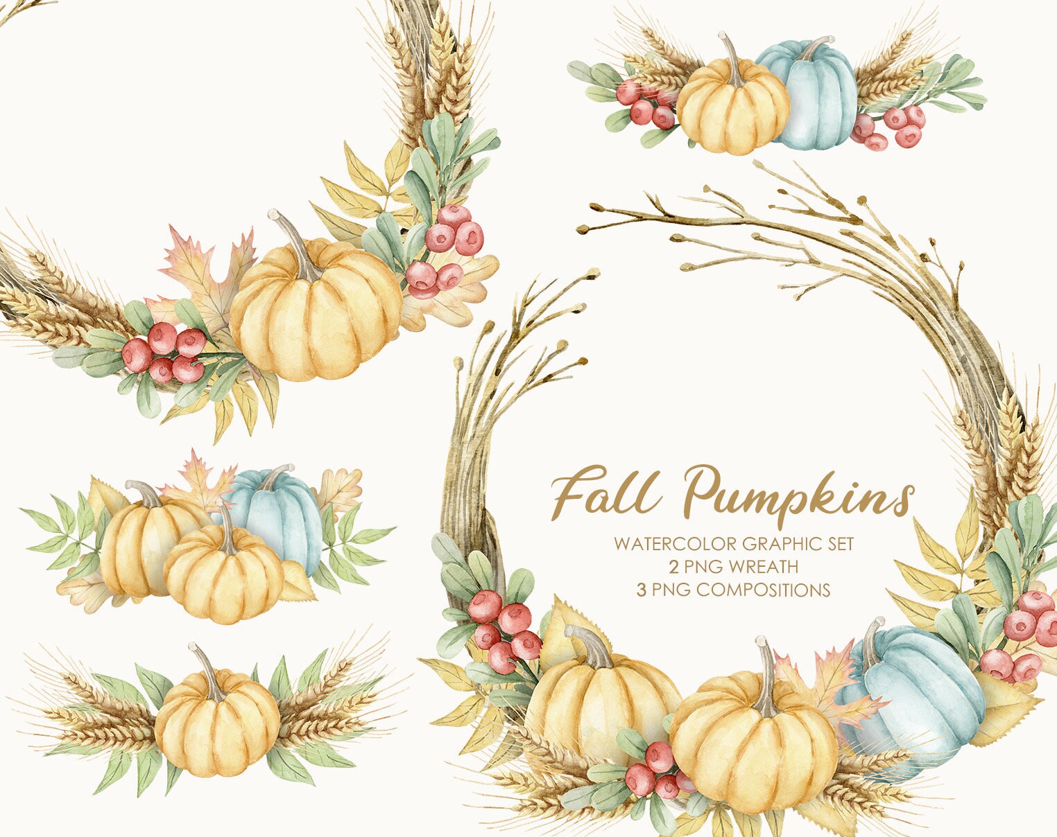 Watercolor Thanksgiving Clipart Pumpkin Wreath Fall Autumn - Etsy
