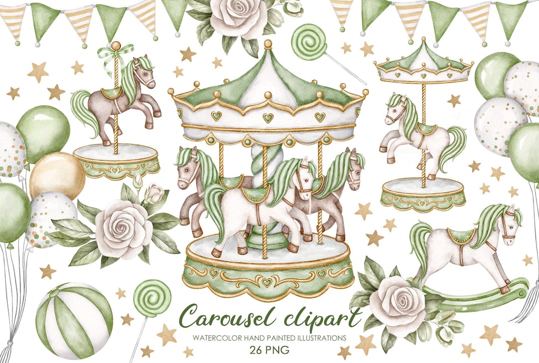 Nursery Carousel Clipart. Green Carousel Horse. Nursery Wall Art. Cute ...