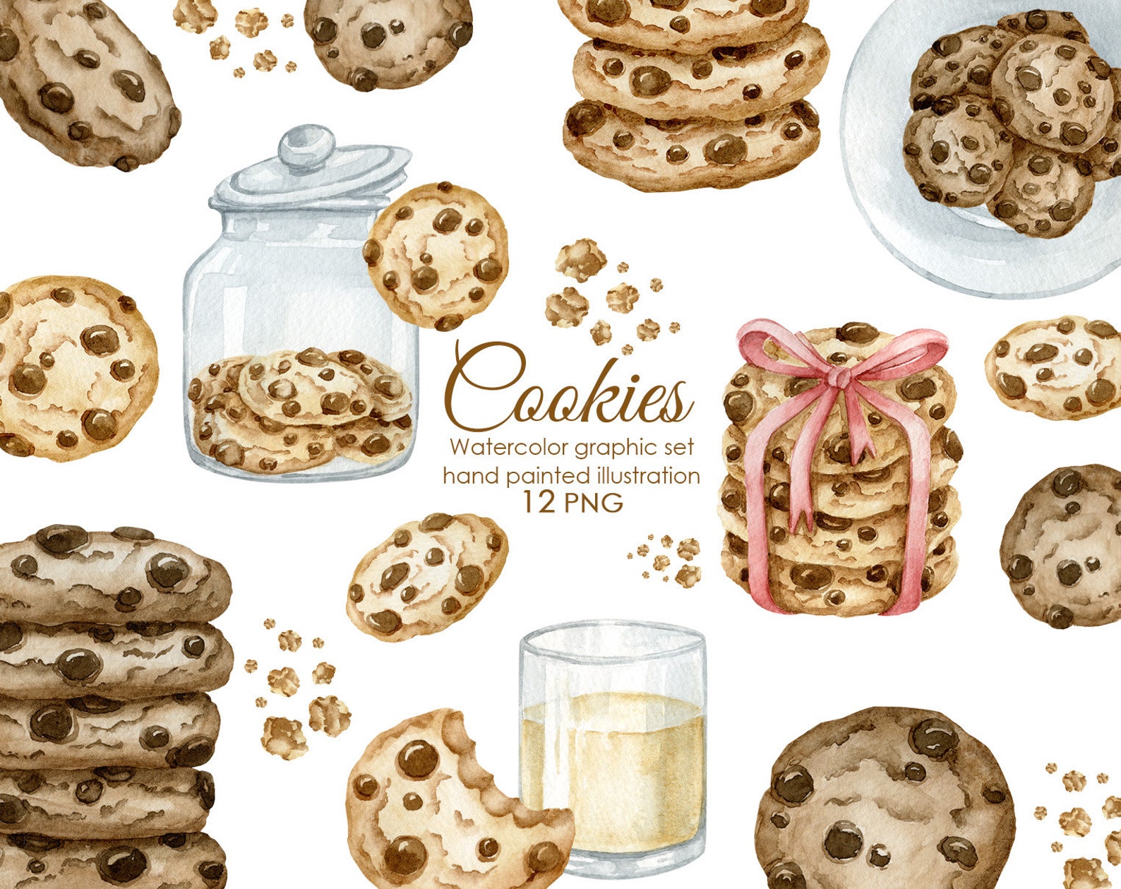 Watercolor Cookies Clipart. Sweets and Dessert Clipart. Chocolate Chip ...