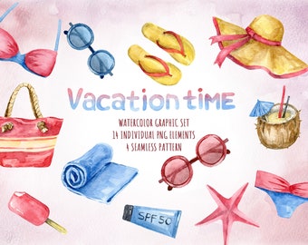 Watercolor Summer Beach Clipart. Summer Vacation PNG. Travel | Etsy