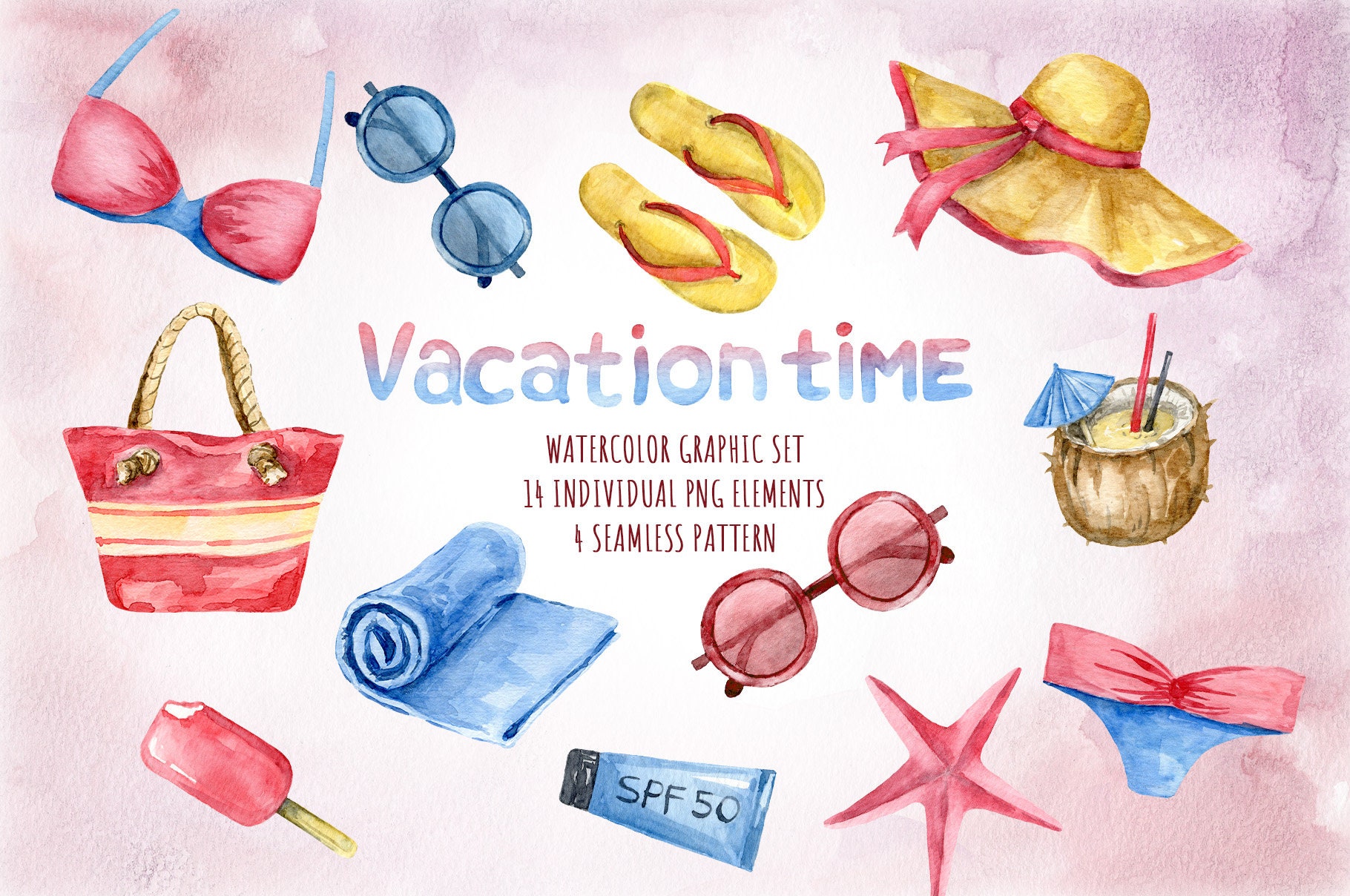 Watercolor Summer Beach Clipart Set PNG Download. Watercolor - Etsy