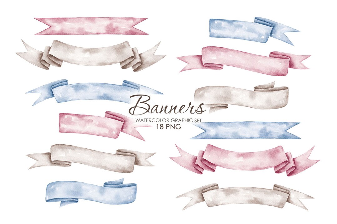 Watercolor Ribbon Banners Clipart. Birthday Party Banners. Tags. - Etsy