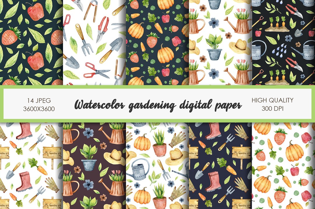 Garden Digital Paper JPEG Bundle-watercolor Gardening Seamless Pattern ...
