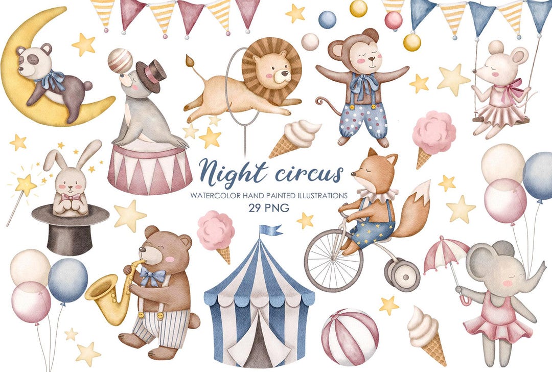 Watercolor Circus Clipart. Night Circus. Nursery Clipart. Baby Shower ...