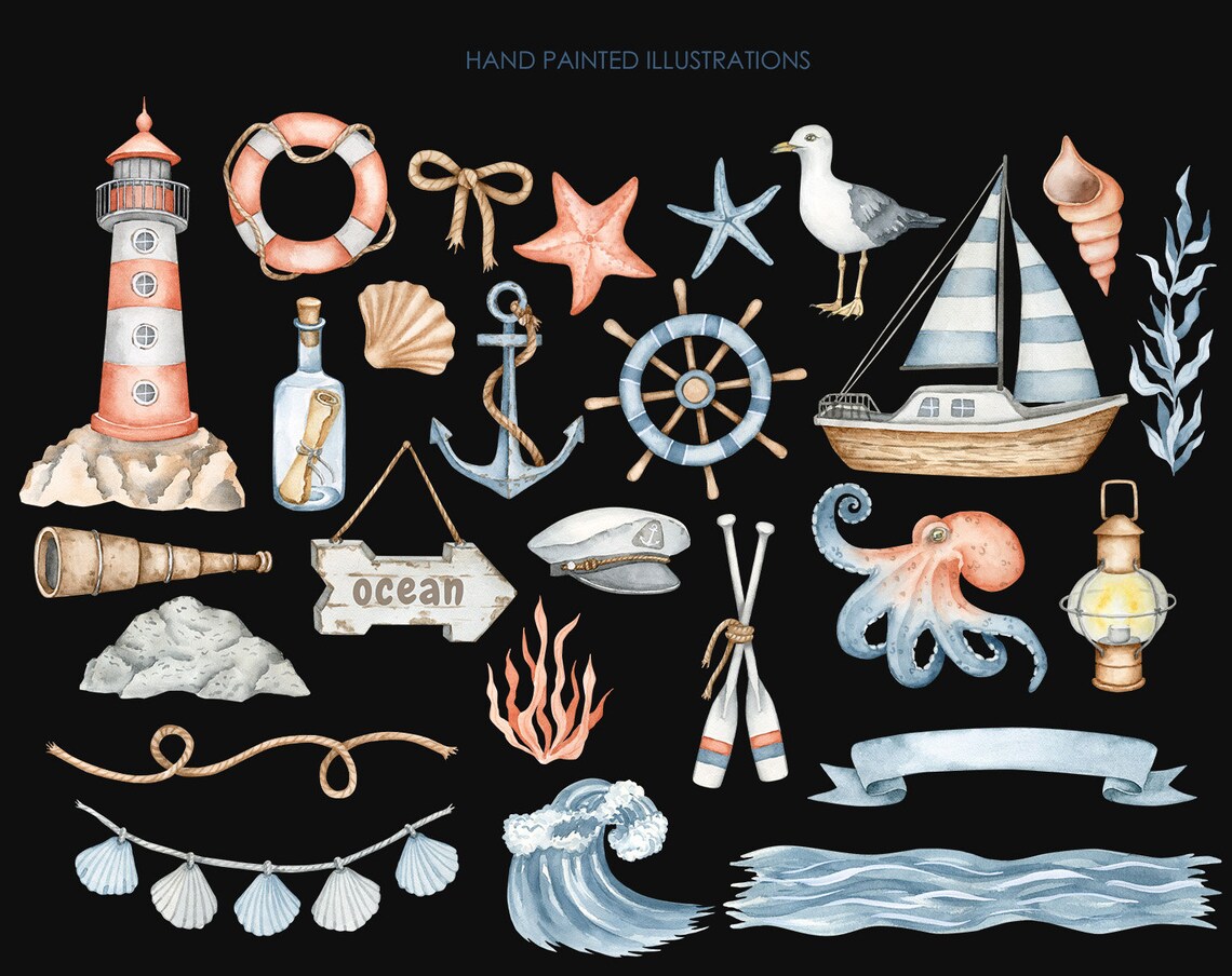 Watercolor Nautical Clipart. Ocean Waves Clipart. Lighthouse - Etsy