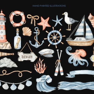 Watercolor Nautical Clipart. Ocean Waves Clipart. Lighthouse, Ship and ...
