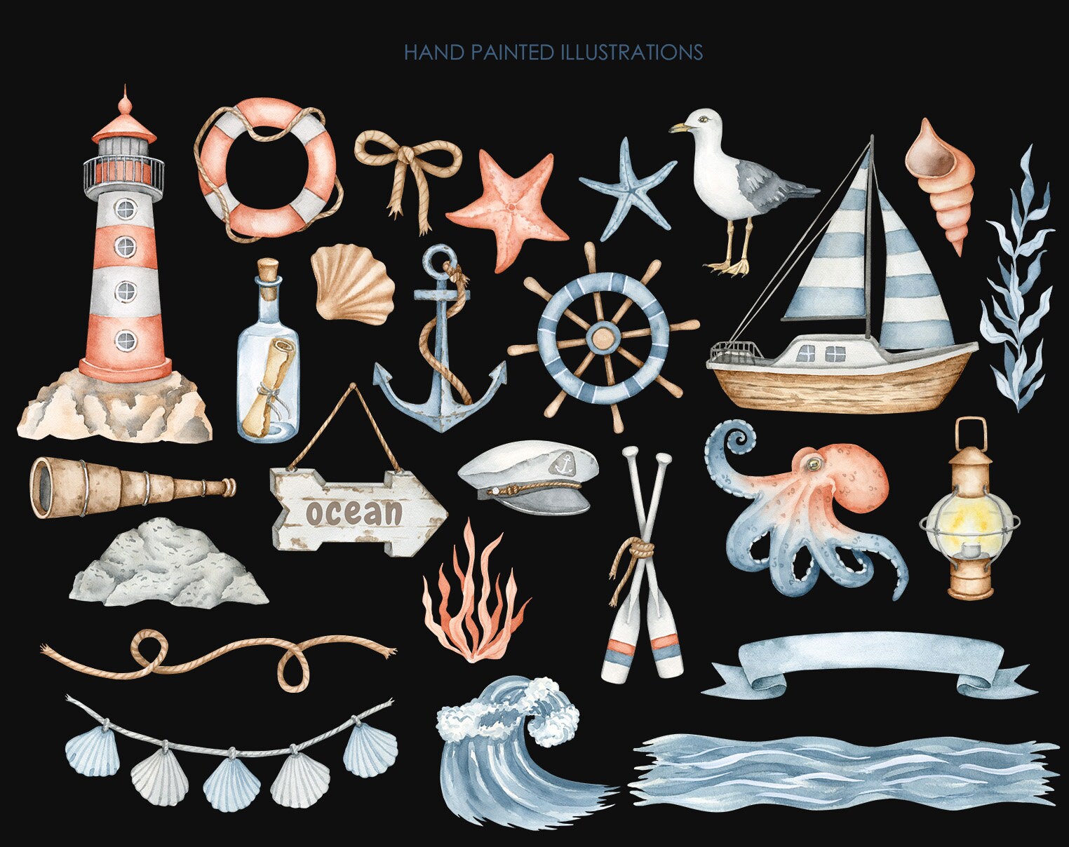 Watercolor Nautical Clipart. Ocean Waves Clipart. Lighthouse - Etsy