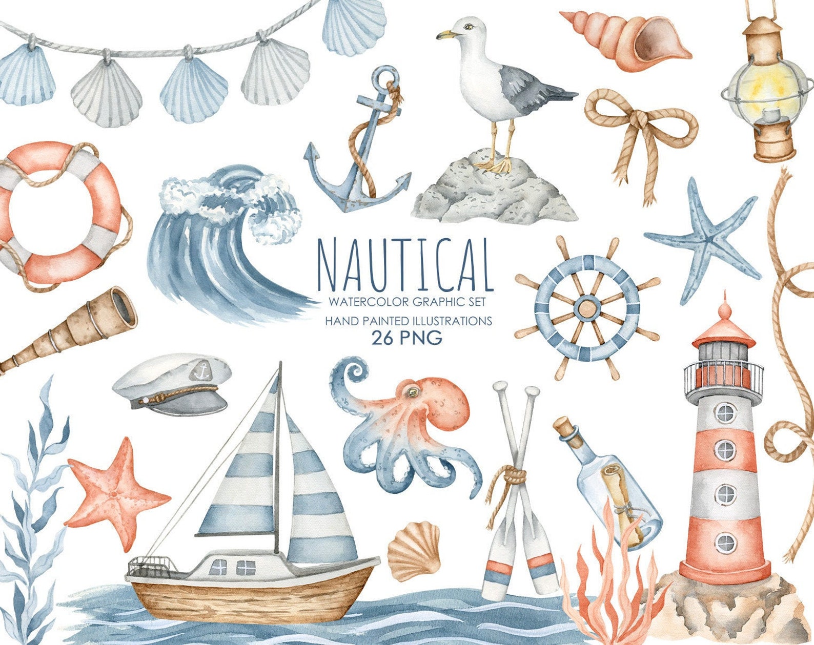 Watercolor Nautical Clipart. Ocean Waves Clipart. Lighthouse - Etsy