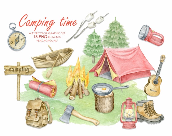 Watercolor Camping Clip Art. Hiking in the Forest With a Tent. | Etsy