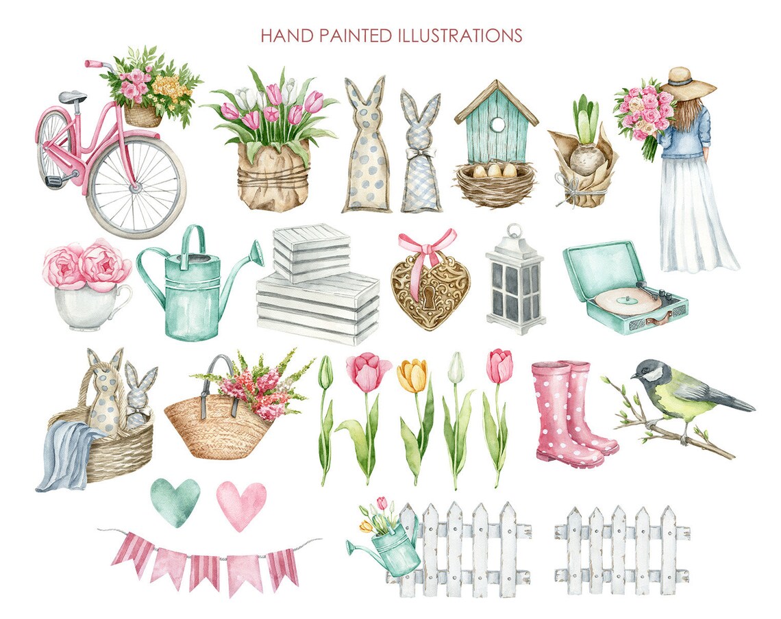 Watercolor Spring Clipart. Garden Clipart. Bicycle With - Etsy